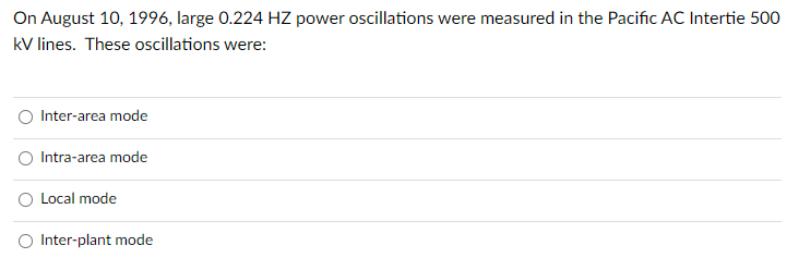 Solved On August 10, 1996, large 0.224 HZ power oscillations | Chegg.com
