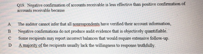 Solved Q19. Negative confirmation of accounts receivable is | Chegg.com