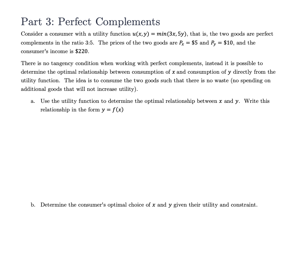 Solved Part 3: Perfect Complements Consider a consumer with | Chegg.com