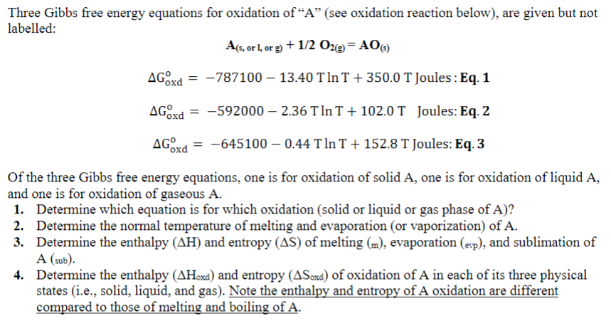 Solved Three Gibbs free energy equations for oxidation of | Chegg.com