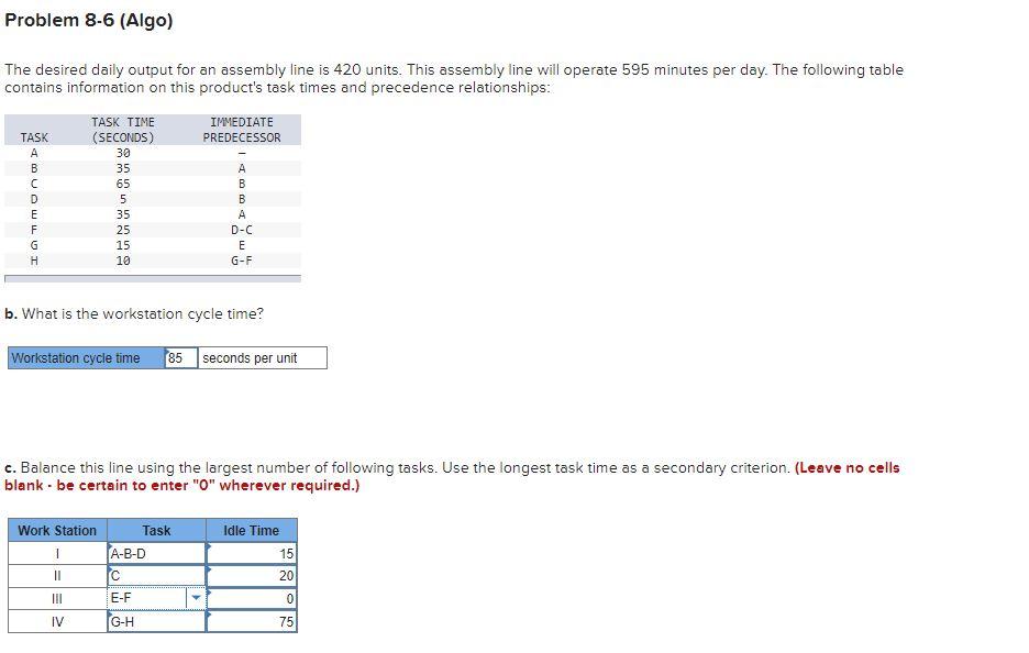 Solved Problem 8-6 (Algo) The desired daily output for an | Chegg.com