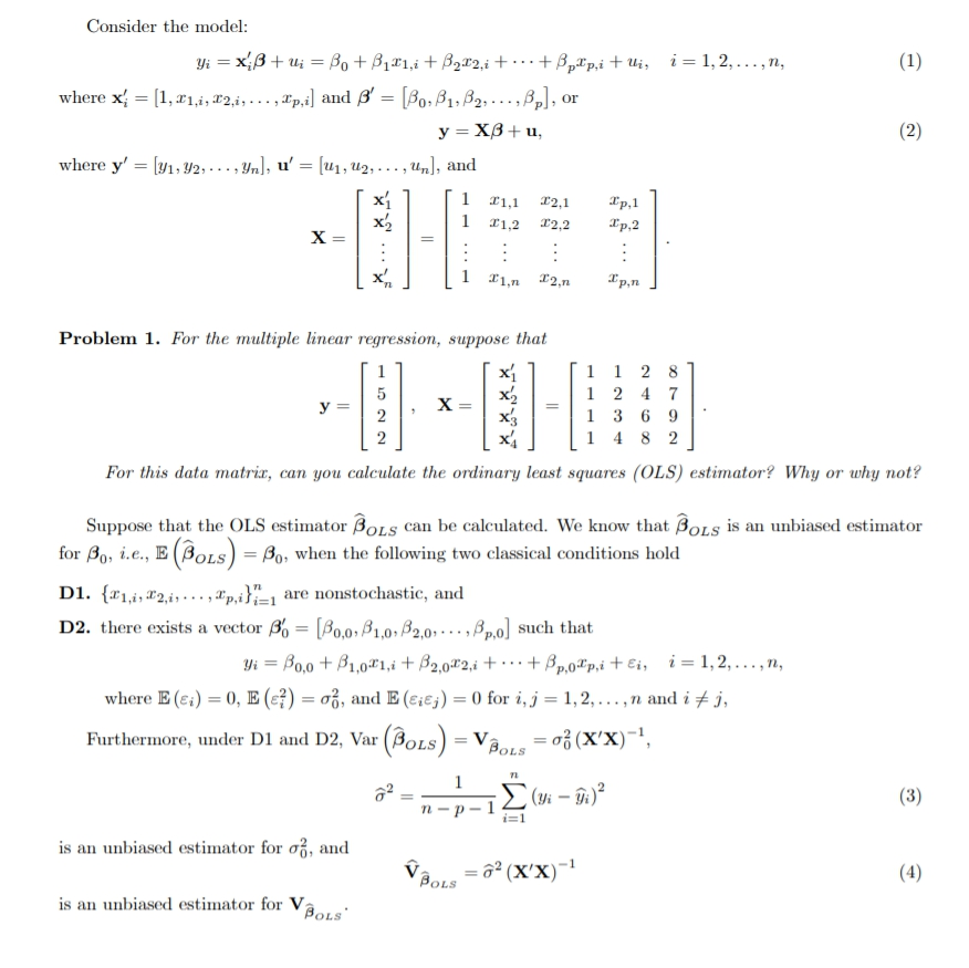Solved i=1,2,...,n, (1) Consider the model: Yi = x + x = Bo | Chegg.com