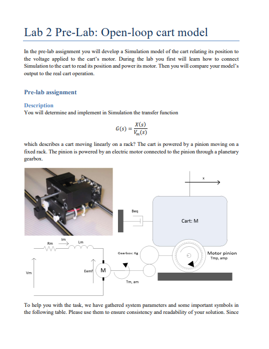 Lab 2 Pre-Lab: Open-loop cart model In the pre-lab | Chegg.com