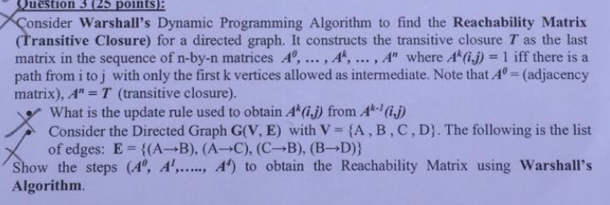 Solved Question 3 25 points): Consider Warshall's Dynamic | Chegg.com