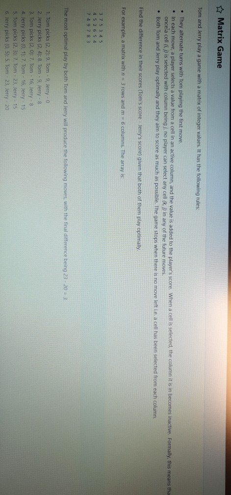 Matrix Game Tom and Jerry play a game with a matrix | Chegg.com