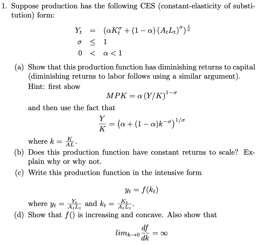 Solved Suppose production has the following CES | Chegg.com