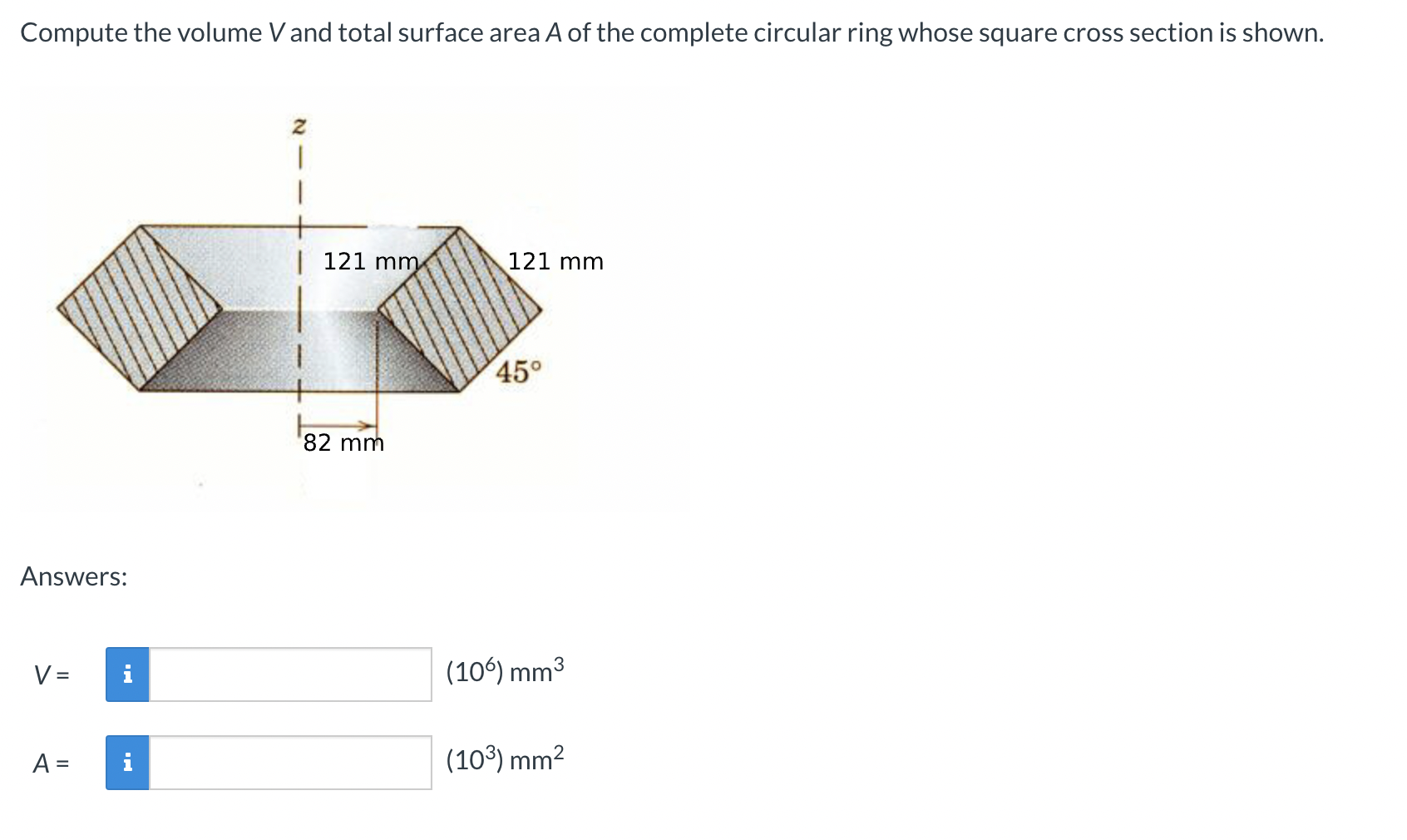 Solved Compute the volume V and total surface area A of the | Chegg.com