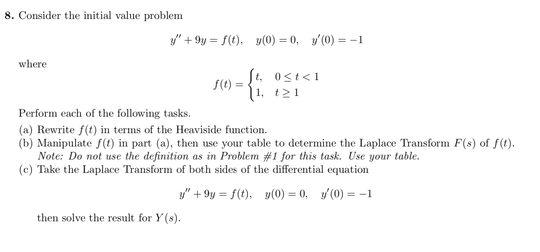 Solved 8. Consider the initial value problem y' +9y = f(t), | Chegg.com