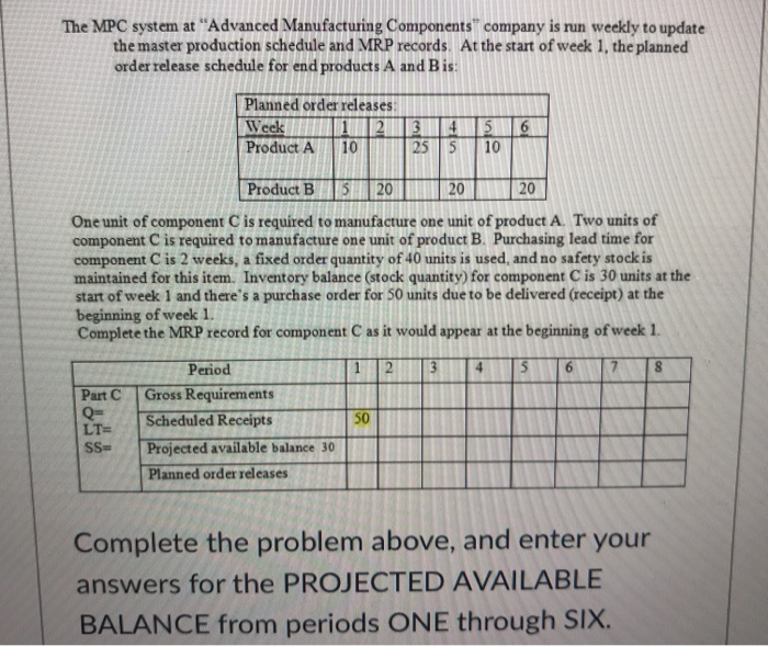 Solved The MPC system at "Advanced Manufacturing Components | Chegg.com
