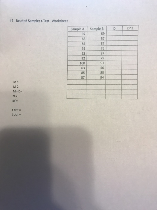Solved Related Samples t-Test Worksheet M 1 M 2 Mn D = N | Chegg.com