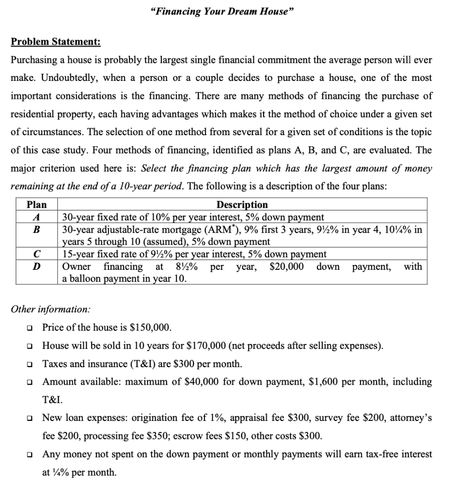 "Financing Your Dream House” Problem Statement: | Chegg.com