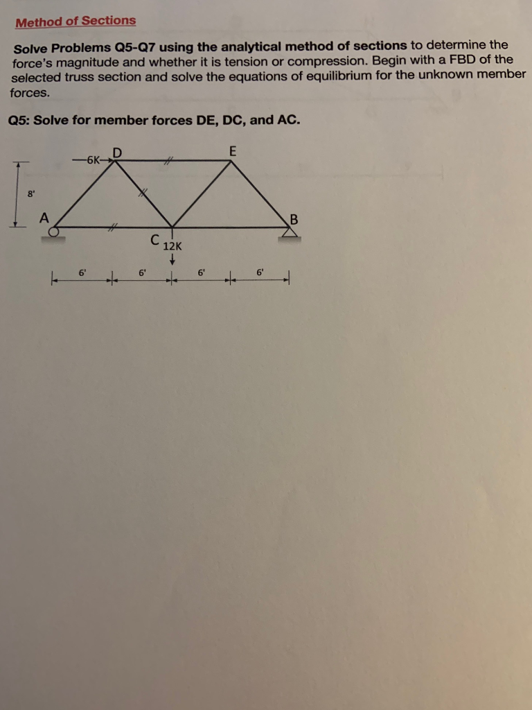 Solved Method of Sections Solve Problems Q5-Q7 using the | Chegg.com