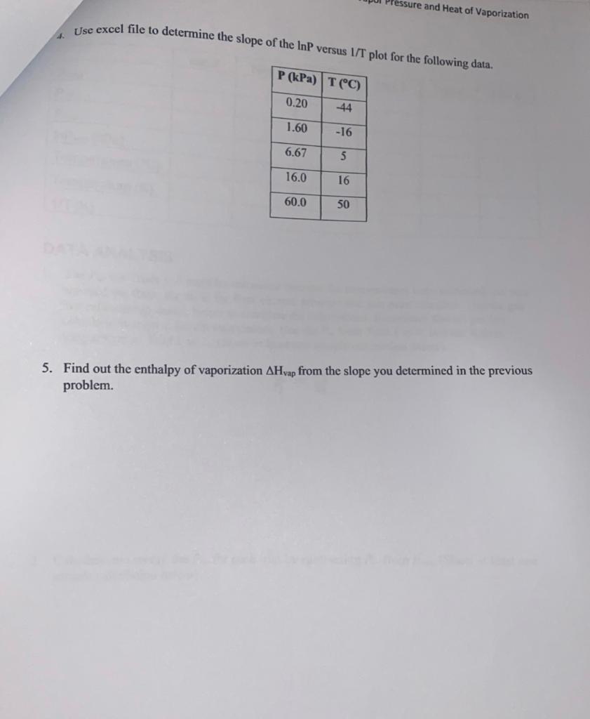 Solved Pressure and Heat of Vaporization Use excel file to | Chegg.com