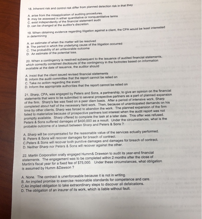 Solved 18. Inherent risk and control risk differ from | Chegg.com