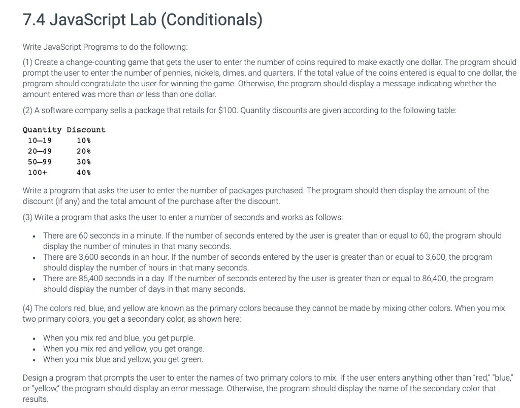 Solved 7.4 JavaScript Lab (Conditionals) Write JavaScript | Chegg.com
