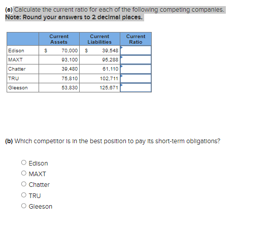 Solved (a) Calculate the current ratio for each of the | Chegg.com