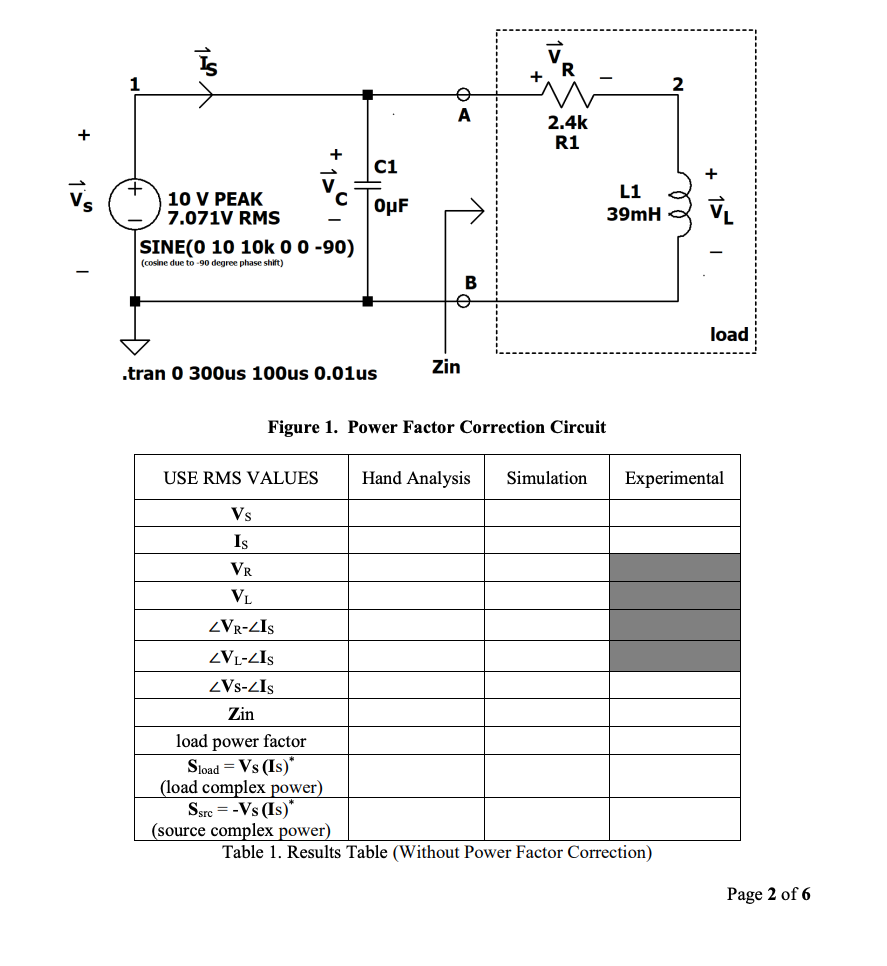 Solved Figure 1. Power Factor Correction Circuit Table 1. | Chegg.com