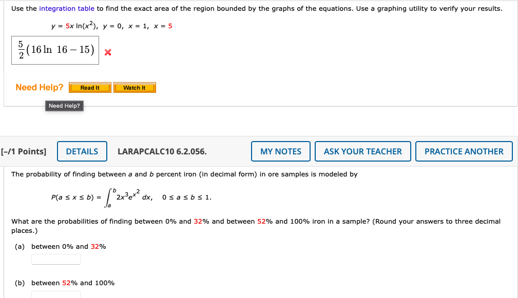 Use the integration table to find the exact area of | Chegg.com