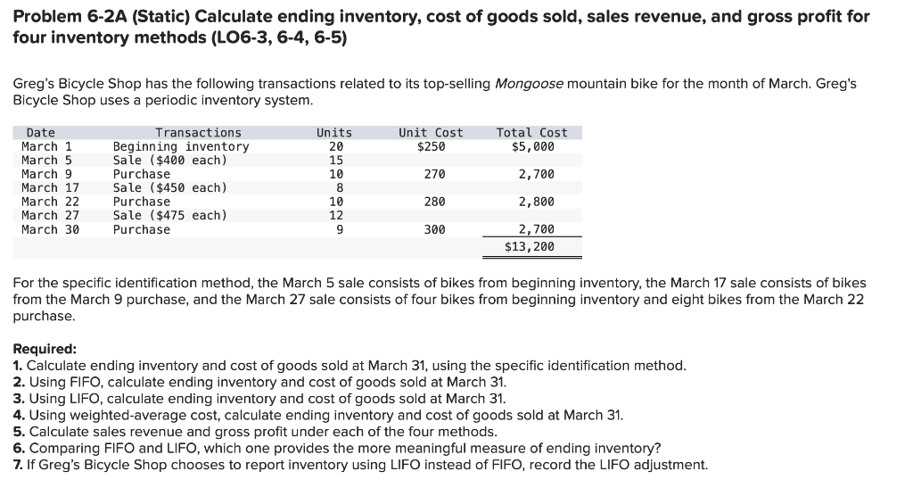 Solved Problem 6-2A (Static) Calculate ending inventory, | Chegg.com