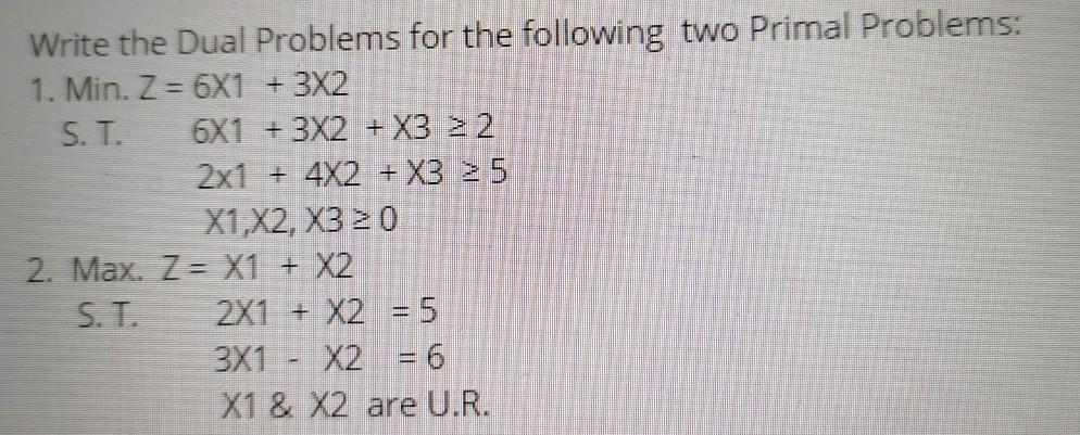 Solved Write the Dual Problems for the following two Primal | Chegg.com