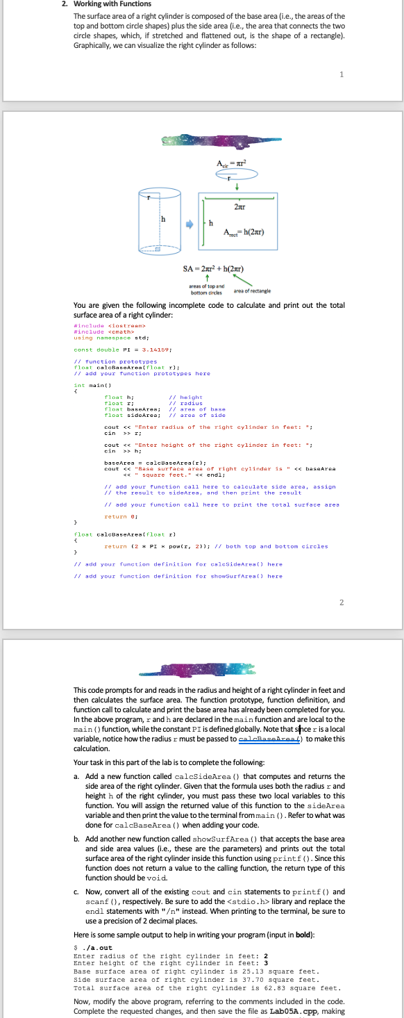 Solved 2. Working with Functions The surface area of a right | Chegg.com