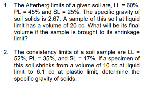 Solved 1. The Atterberg limits of a given soil are, LL = | Chegg.com