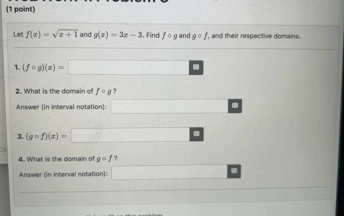 Solved let f(x) = sqrt(x+1) ﻿and g(x) = 3x-3 ﻿find f o g | Chegg.com