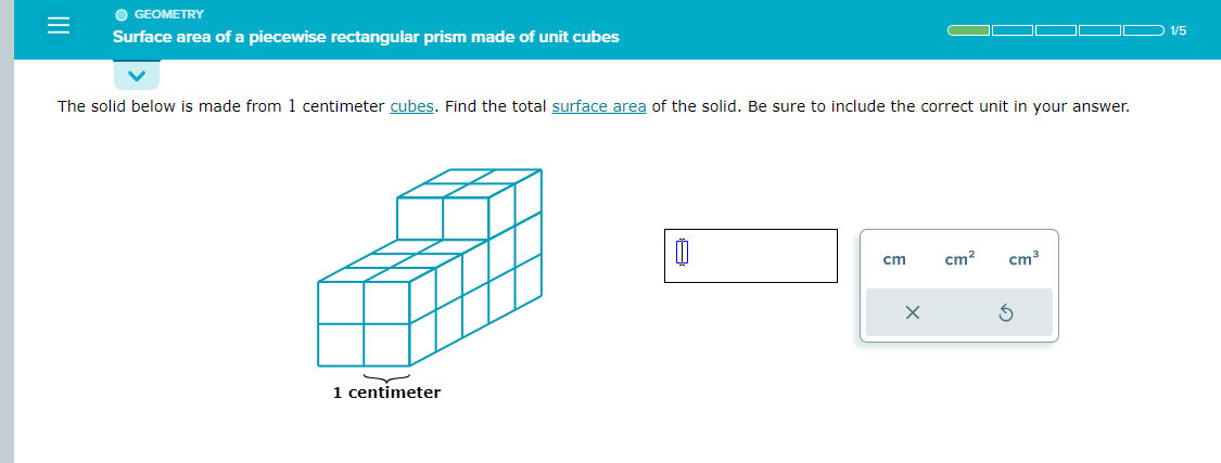Solved The solid below is made from 1 centimeter cubes. Find | Chegg.com