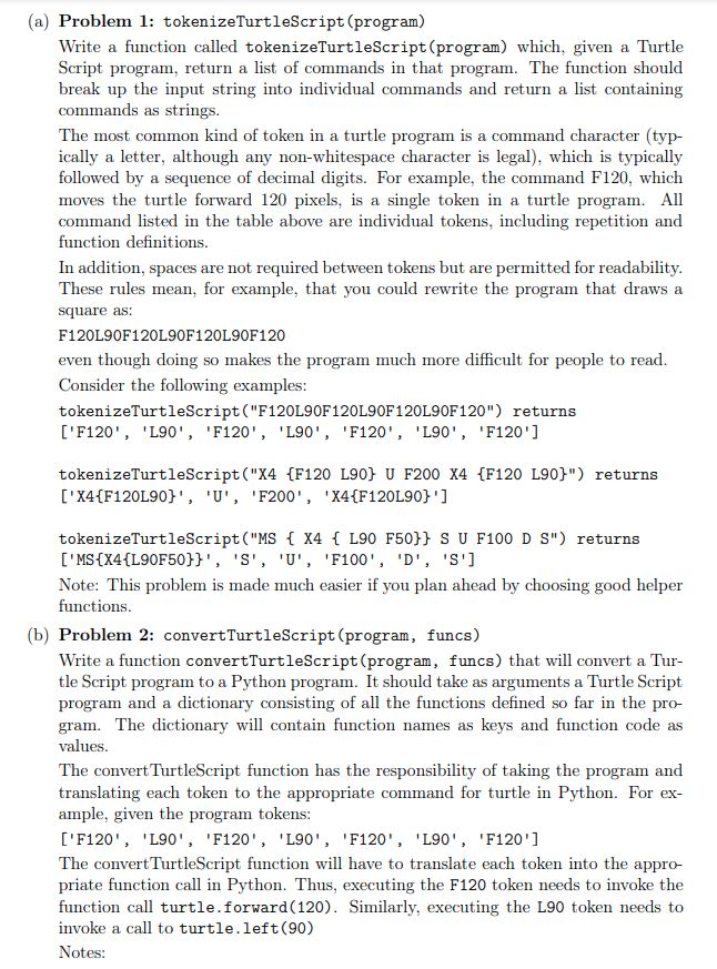 (a) Problem 1: tokenizeTurtleScript (program) Write a | Chegg.com