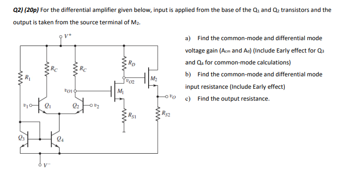 Solved Q2) (20p) For the differential amplifier given below, | Chegg.com
