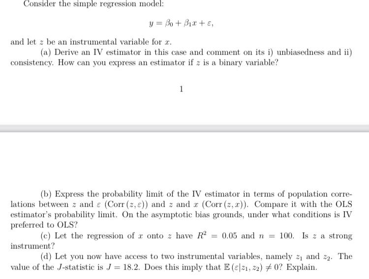 Consider the simple regression model: y = Bo + B12+ | Chegg.com