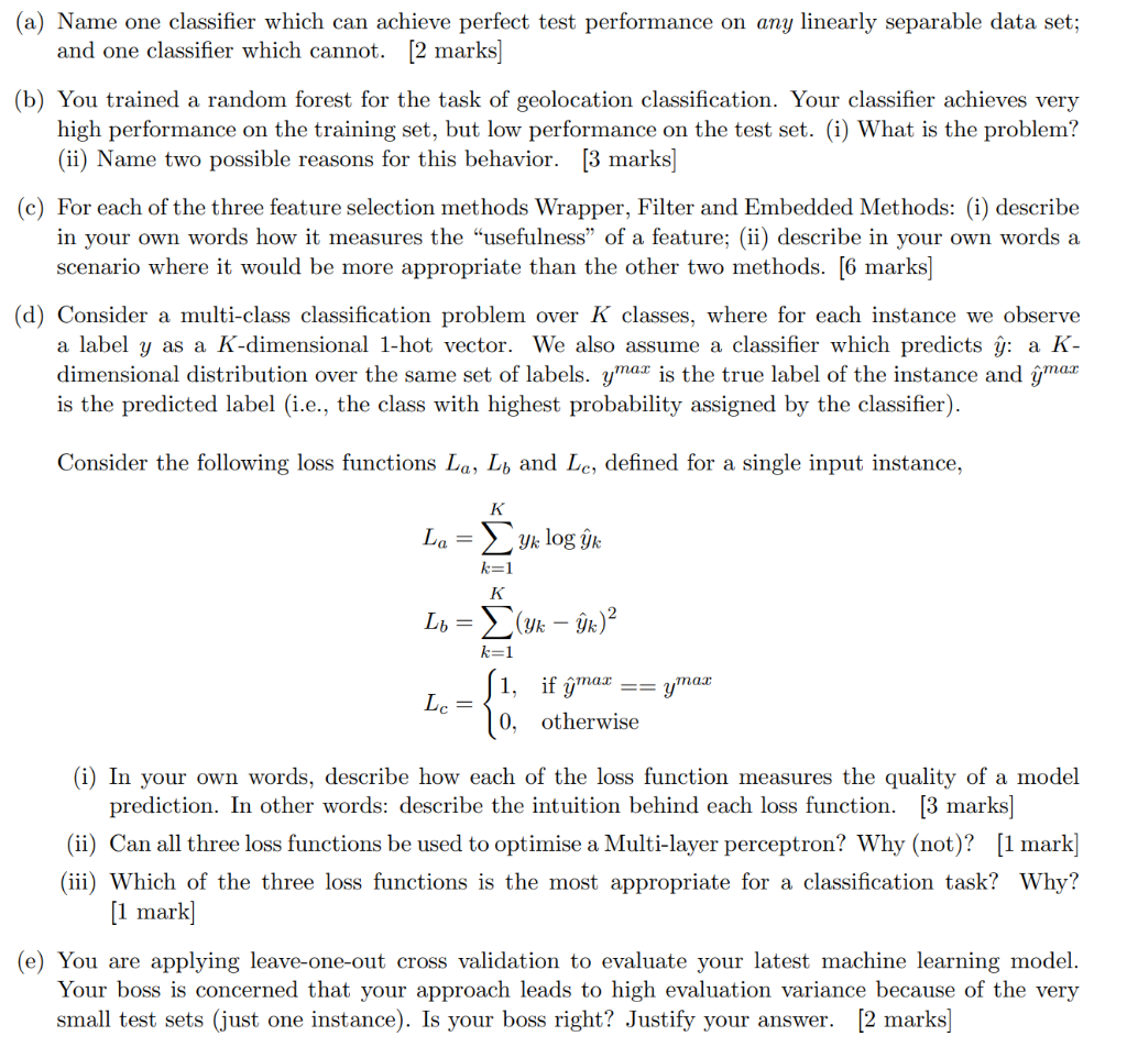 Solved (a) Name one classifier which can achieve perfect | Chegg.com