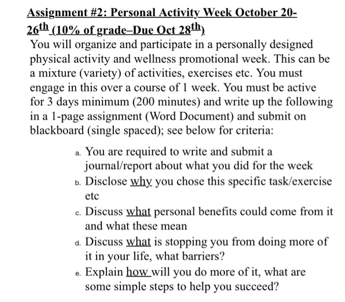 Solved Assignment #2: Personal Activity Week October 20- | Chegg.com