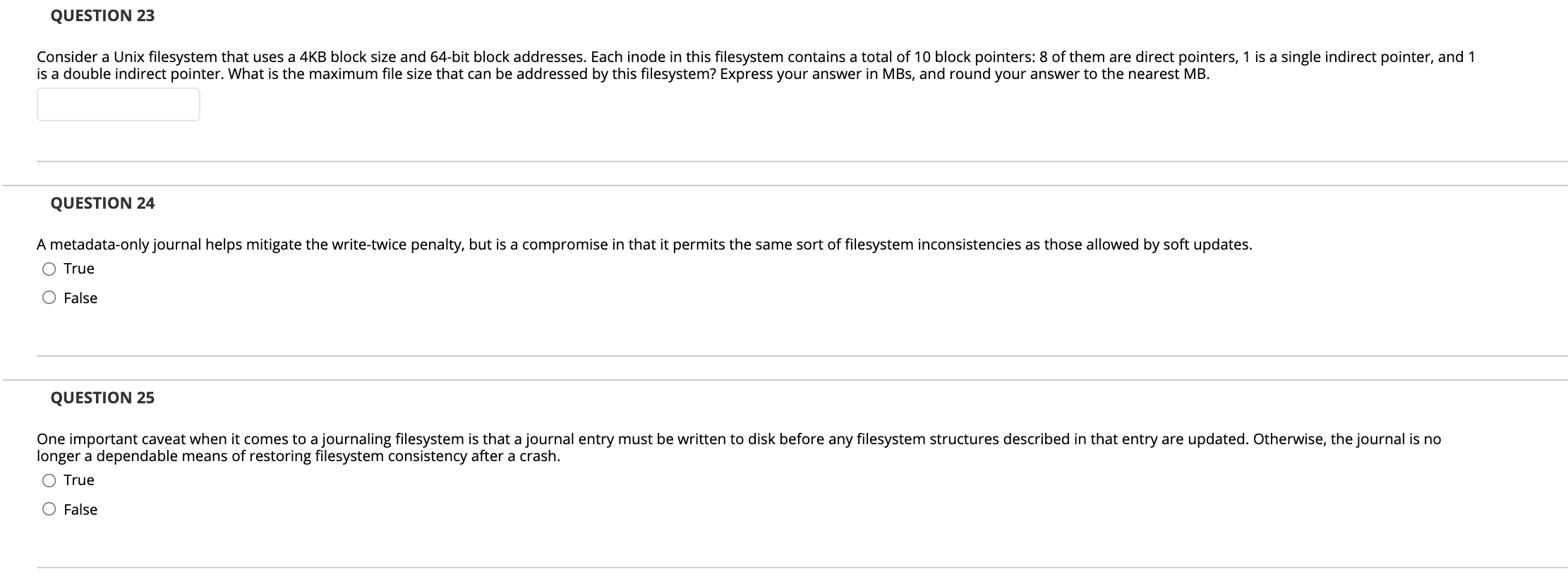 Solved Question 23 Consider A Unix Filesystem That Uses A 