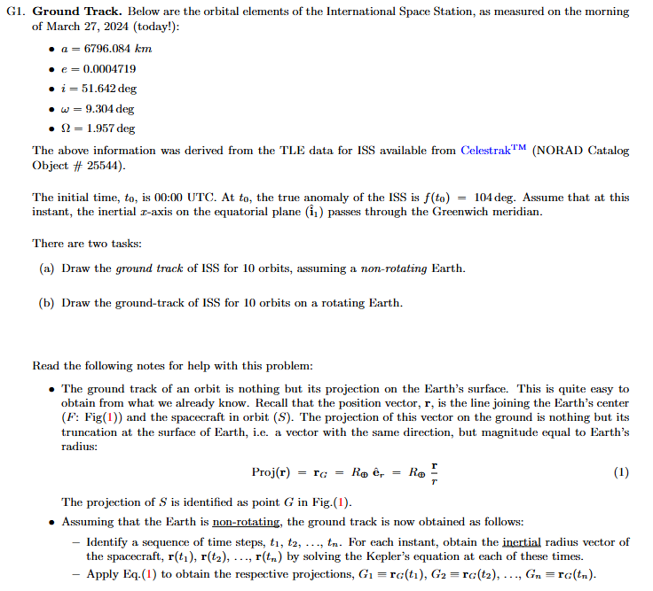 Solved G1. ﻿Ground Track. Below are the orbital elements of | Chegg.com