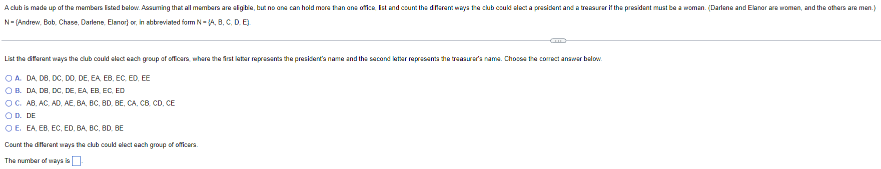 Solved { Andrew, Bob, Chase, Darlene, Elanor\} or, in | Chegg.com