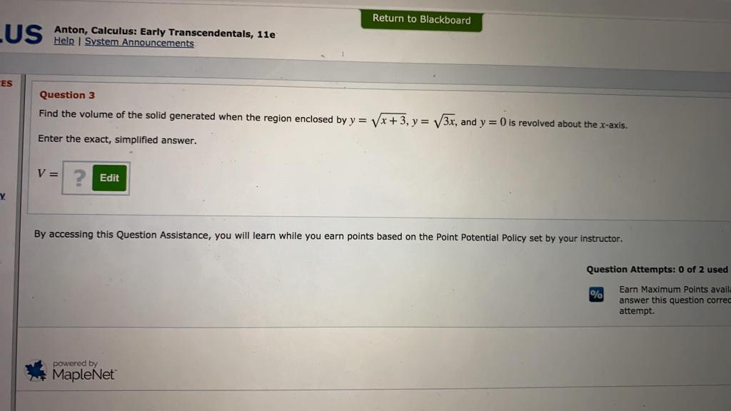 Solved Return to Blackboard LUS Antons Calculas. Early | Chegg.com