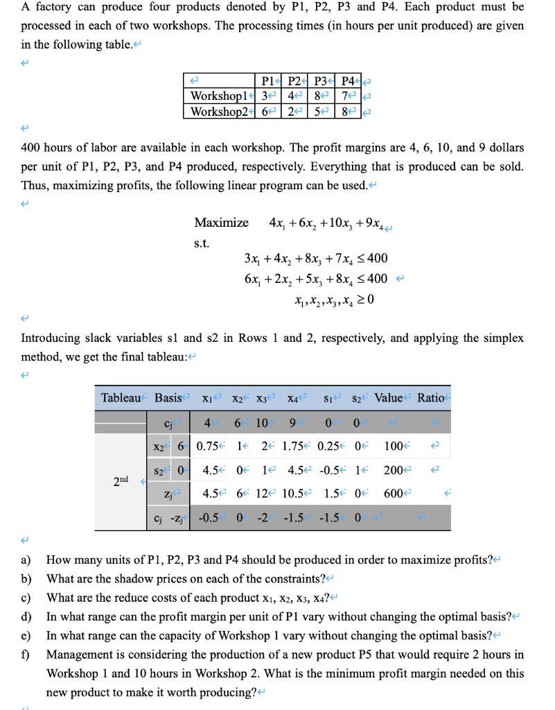 Solved A factory can produce four products denoted by P1, | Chegg.com