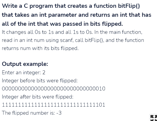 Solved Write a C program that creates a function bitFlip() | Chegg.com