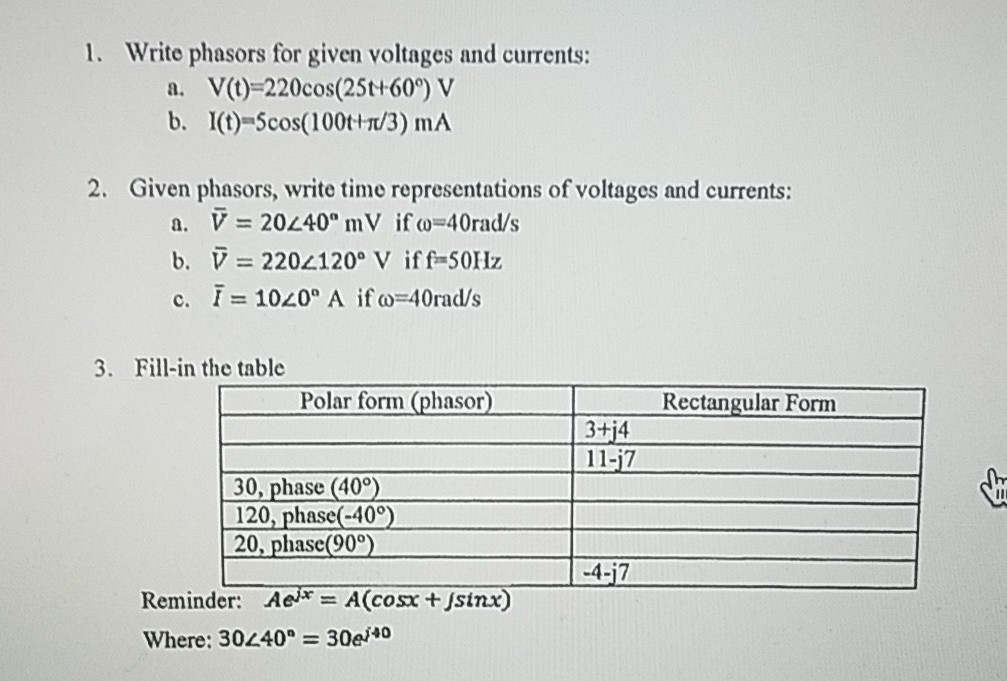 Solved 1. Write phasors for given voltages and currents: a. | Chegg.com