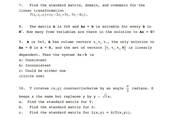 Solved 7 Find The Standard Matrix Domain And Codomain For