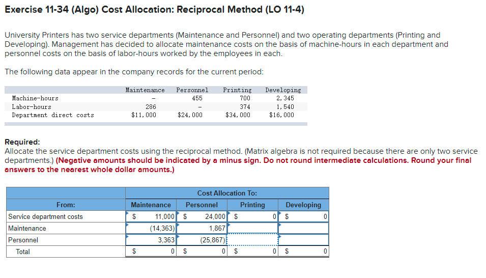 Solved Exercise 11-34 (Algo) Cost Allocation: Reciprocal | Chegg.com