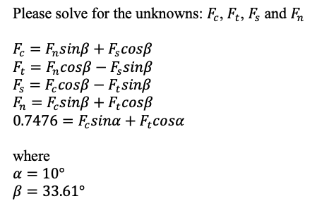 Solved Please solve for the unknowns: Fc,Ft,Fs and Fn | Chegg.com