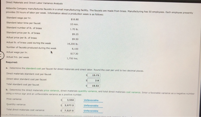 Solved Direct Materials and Direct Labor Variance Analysis | Chegg.com
