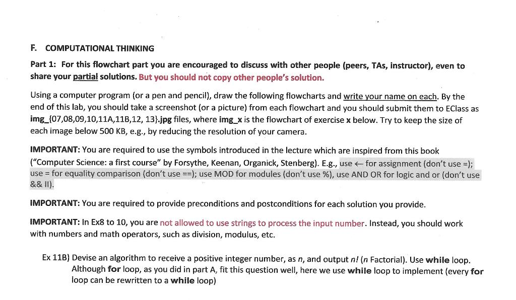 Solved F. COMPUTATIONAL THINKING Part 1: For this flowchart | Chegg.com