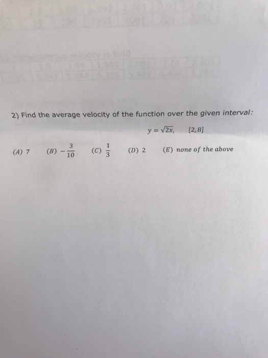Solved 2) Find the average velocity of the function over the | Chegg.com