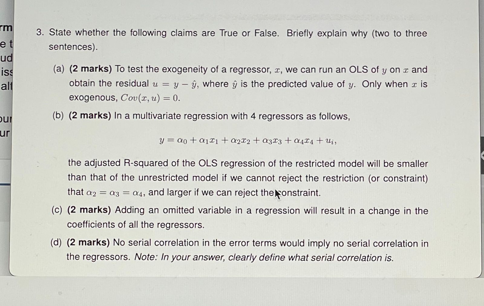 Solved 3. State whether the following claims are True or | Chegg.com
