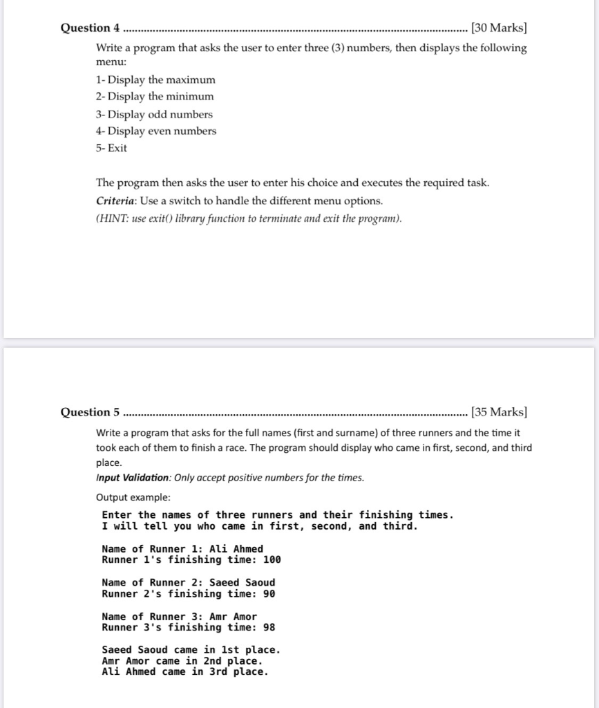 Solved Question 4 ....... (30 Marks] Write a program that | Chegg.com