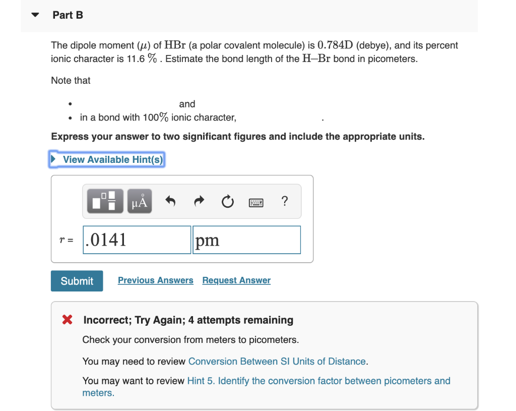 Solved Part B The dipole moment (u) of HBr (a polar covalent | Chegg.com