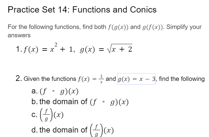 Solved Practice Set 14: Functions and Conics For the | Chegg.com